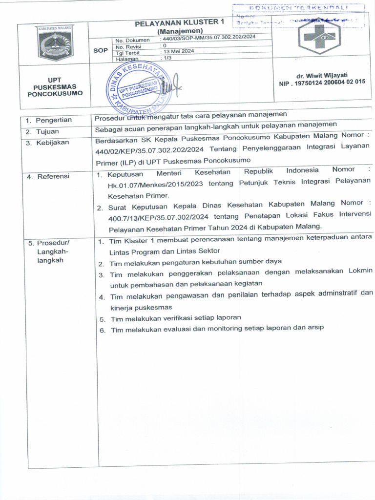 Sop Puskesmas Ilp Klaster 1 Poncokusumo | PDF