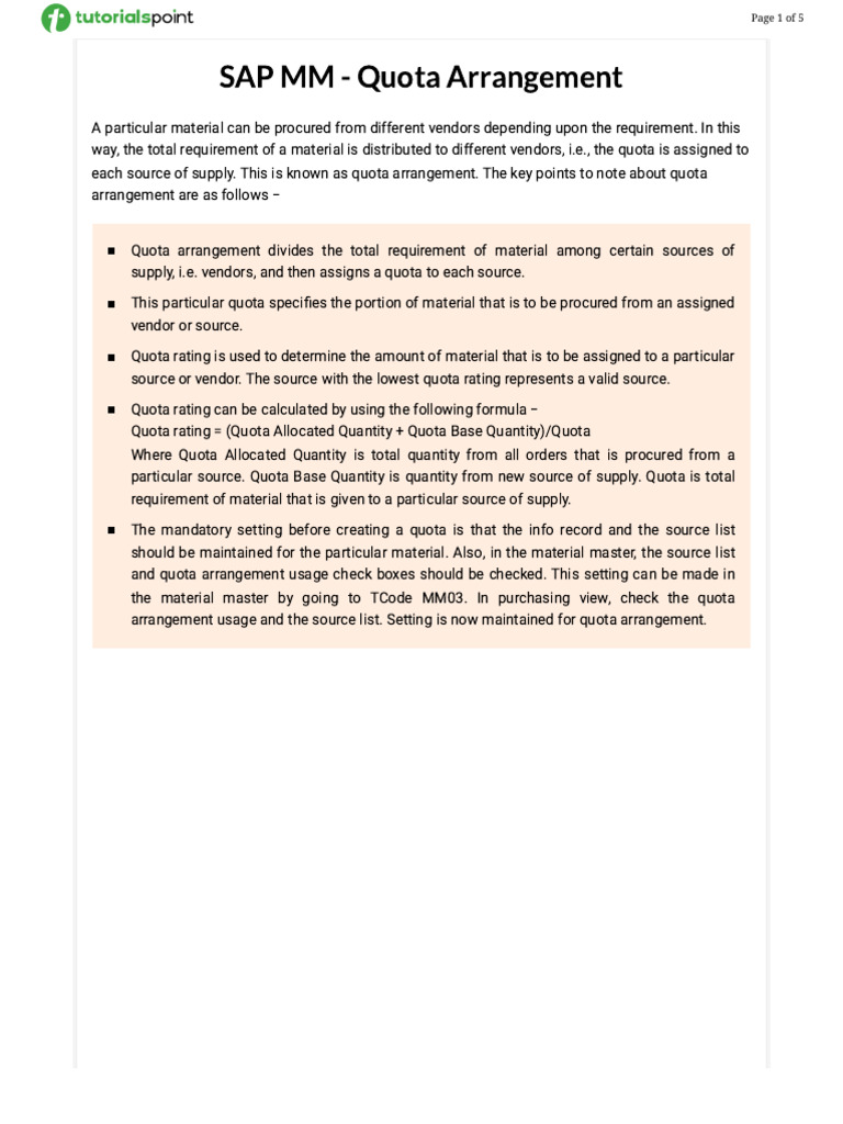 SAP MM - Quota Arrangement | PDF