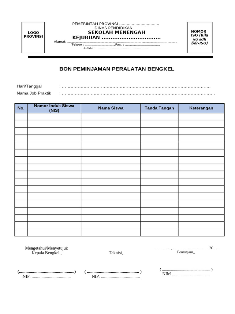 Bon Peminjaman Peralatan Bengkel SMK | PDF