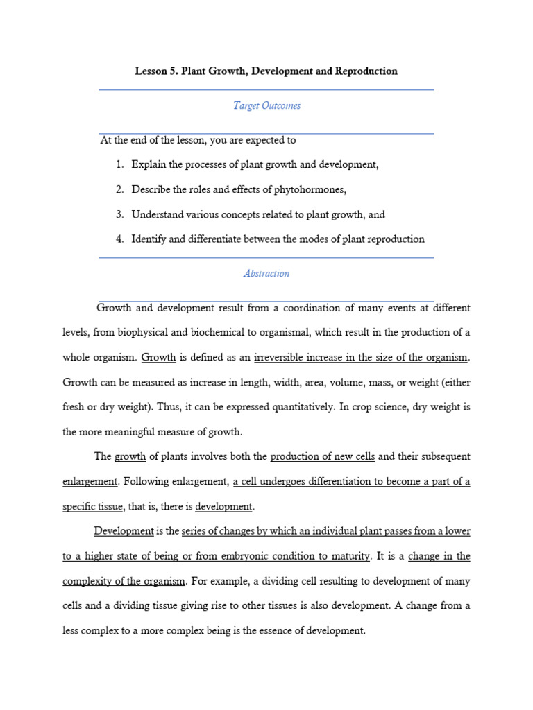 Lesson 5. Plant Growth Development and Reproduction | PDF | Auxin | Seed
