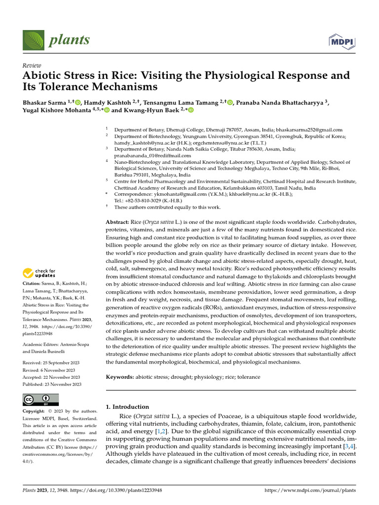 Abiotic Stress in Rice- Visiting the Physiological Response and Its Tolerance Mechanisms | PDF ...