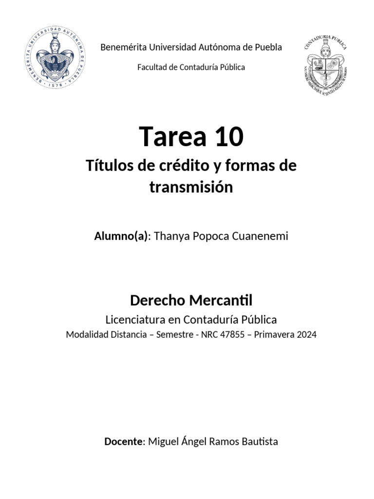 Tarea10. Títulos de Crédito y Formas de Transmisión | PDF | Instrumento negociable | Pagos