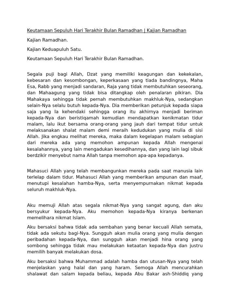 Keutamaan Sepuluh Hari Terakhir Bulan Ramadhan | PDF