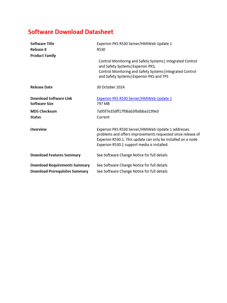 PMT Hps Experion Pks r530 Serverhmiweb Update 1 Software Download Datasheet | PDF