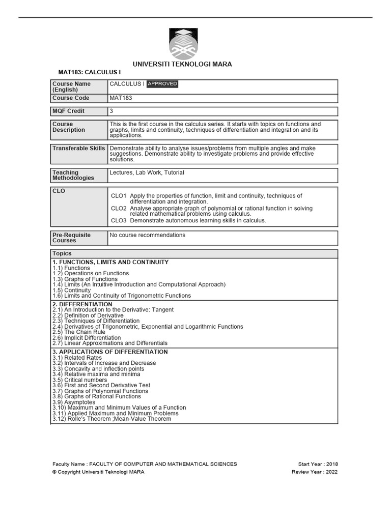 Calculus 1 Course Outline | PDF | Function (Mathematics) | Derivative