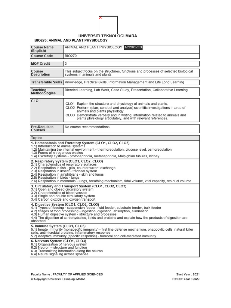 Animal and Plant Physiology Course Outline | PDF | Respiratory System ...