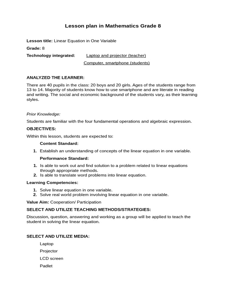 LP.MATH 8( linear eq. in one variable) | PDF | Equations | Teachers
