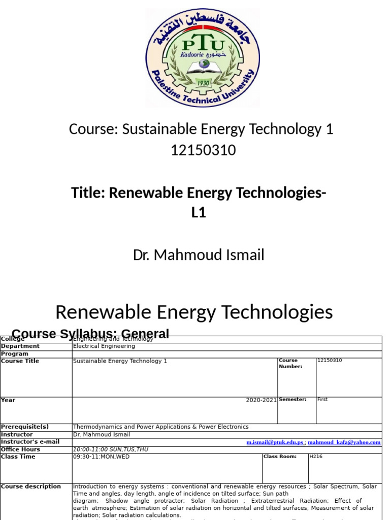 Renewable Energy Technologies | PDF | Photovoltaic System | Renewable ...