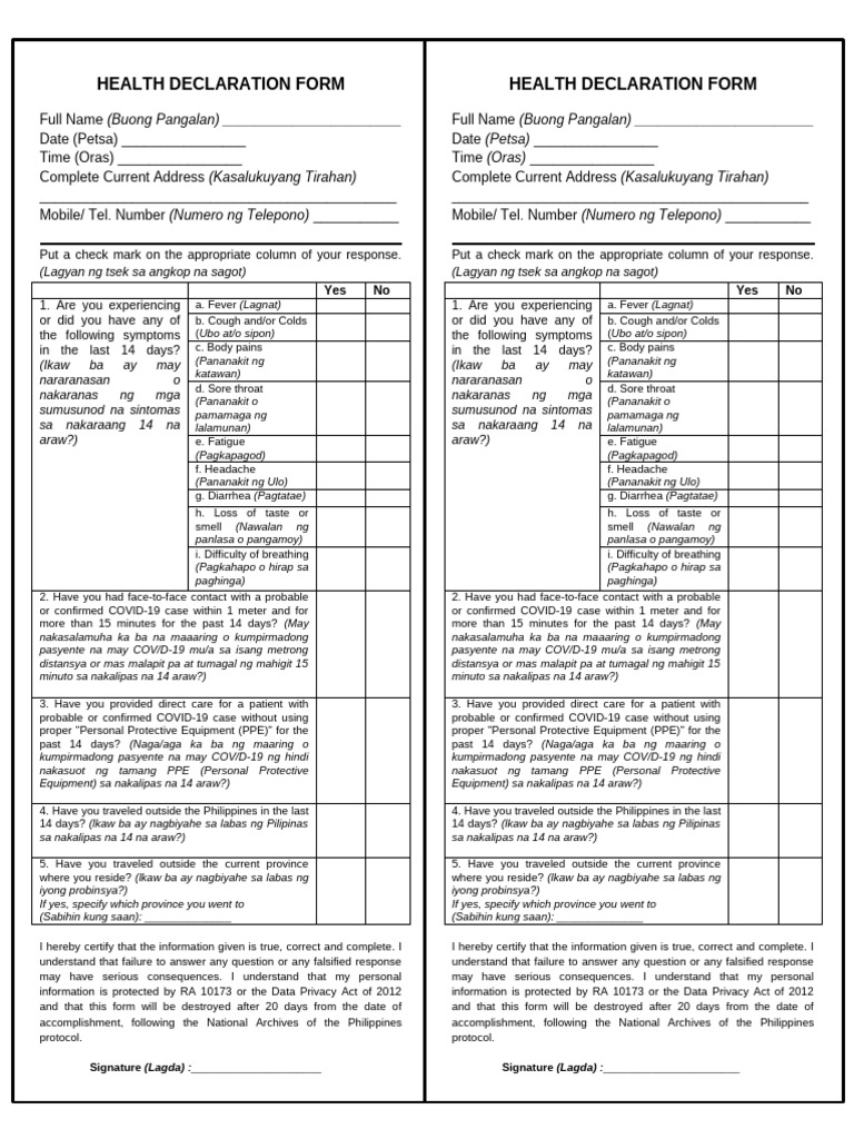 Health-Declaration-Form | PDF | Common Cold | Respiratory Diseases