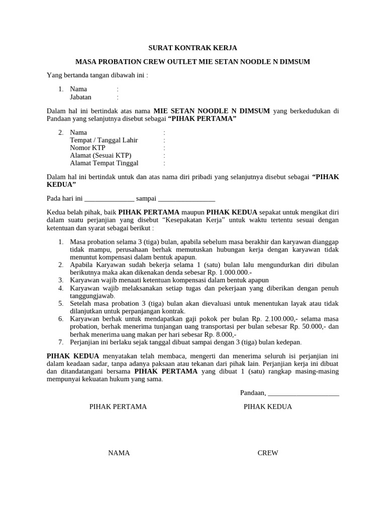 Surat Kontrak Kerja Probation Spv | PDF