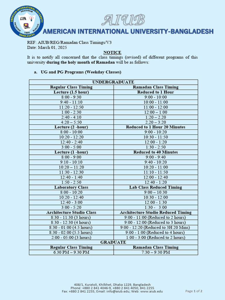 Notice Ramadan Class Timing Revised v3 U | PDF