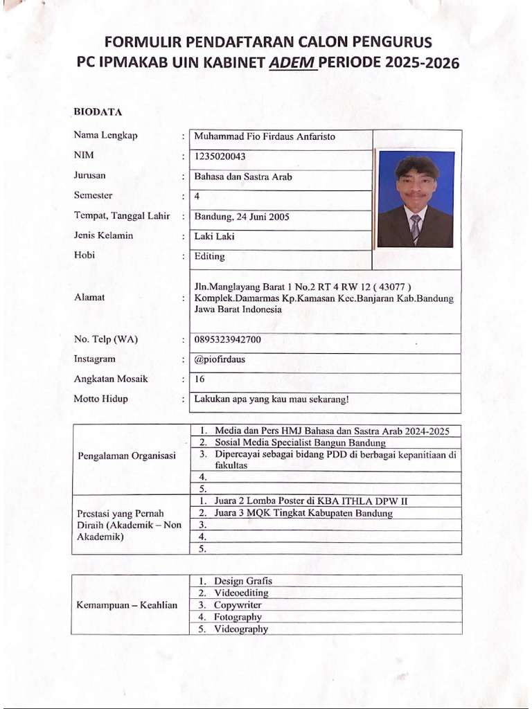 Formulir Pendaftaran Pengurus IPMAKAB | PDF