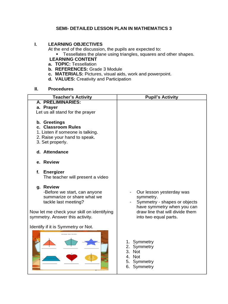 Grade 3 Tessellation Lesson Plan | PDF | Euclidean Plane Geometry ...
