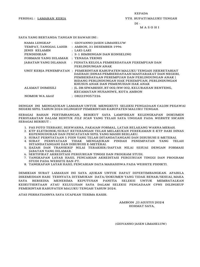 Lamaran CPNS Giovanno Limaheluw | PDF