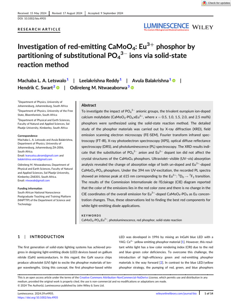 Luminescence - 2024 - Letswalo - Investigation of Red - Emitting CaMoO4 Eu3 Pho | PDF | Light ...