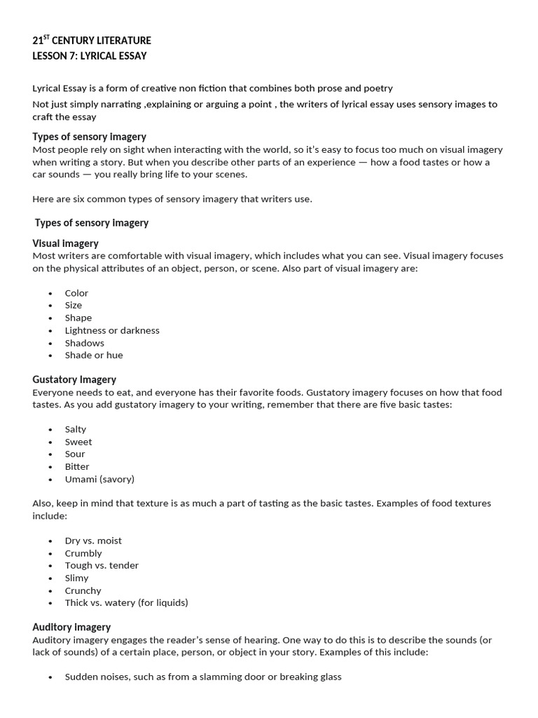 Understanding Lyrical Essays and Imagery | PDF | Taste | Poetry