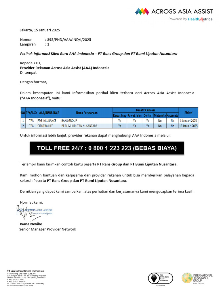 Surat Pemberitahuan Klien Baru AAA Indonesia PInformasi Klien Baru AAA Indonesia – PT Rans Group ...