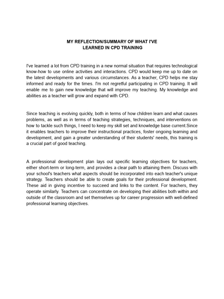 CPD Training Reflection for Teachers | PDF