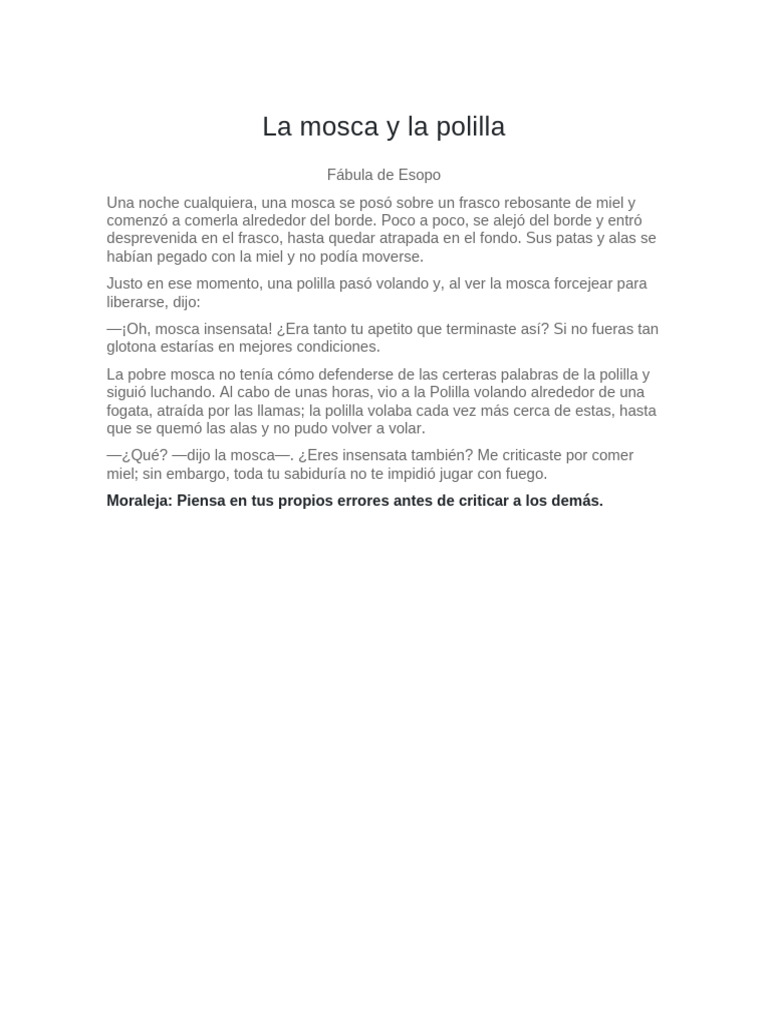 Fábula: La mosca y la polilla | PDF