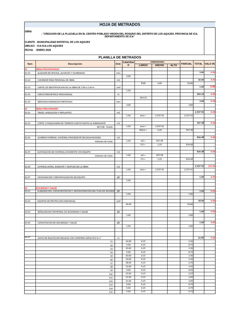 VALO Nº05 - Planilla de Metrados | PDF