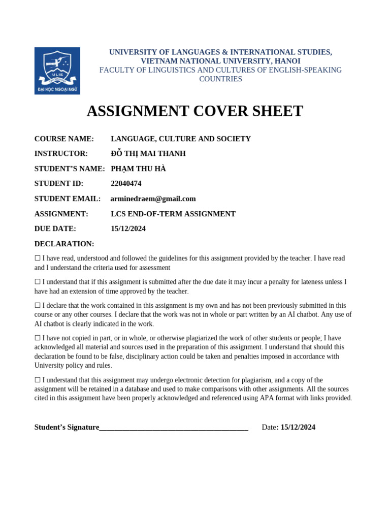 Pham Thu Ha - 22E16 - LCS Final Assignment | PDF | Gender | Gender Studies