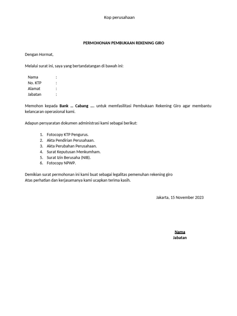 Surat Permohonan Rekening Giro - Template | PDF