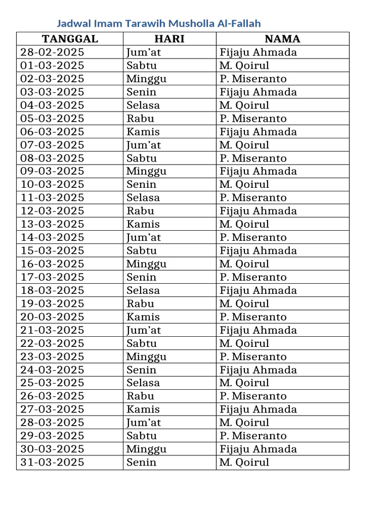 Jadwal Imam Tarawih Musholla Al-Fallah | PDF