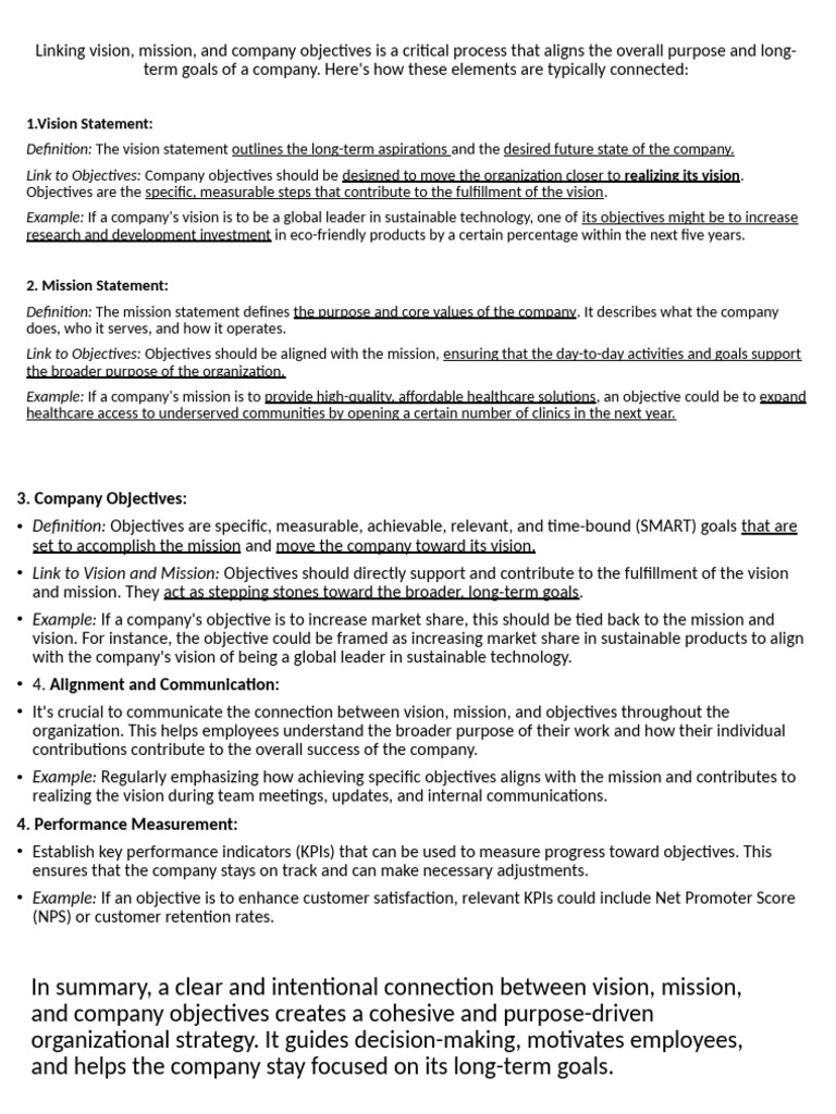Linking Vision Mission Objectives | PDF | Goal | Business