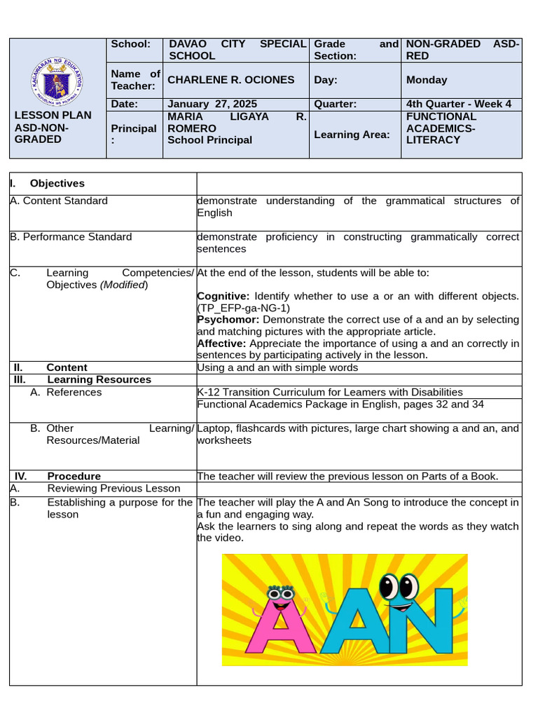 Lesson Plan: Using A and An in English | PDF | Learning | Teachers