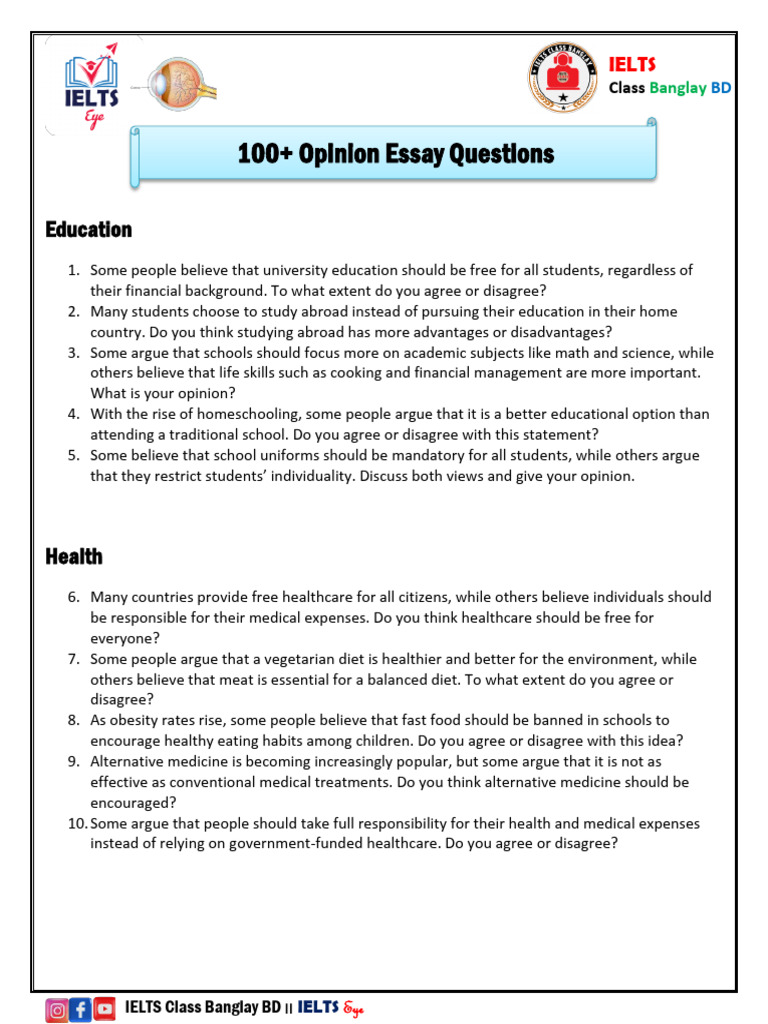 100+ Opinion Essay Questions | PDF | Cost Of Living | Employment