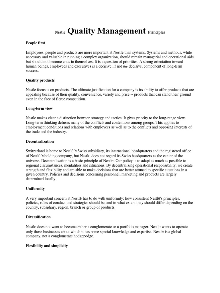 Nestlé Quality Management Principles | PDF | Nestlé | Strategic Management