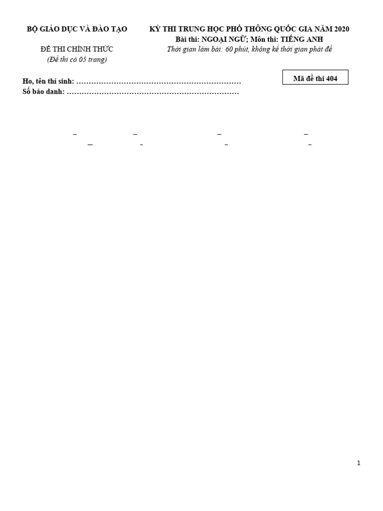 KyThi-THPT-QG-2020-TiengAnh-DeThi-DapAn-MaDe-404 | PDF | Off The Grid