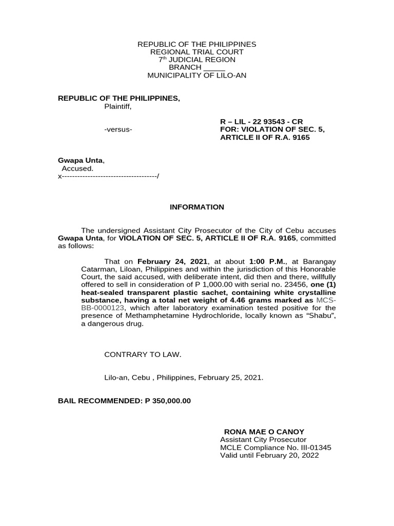 Sample Information Filed | PDF | Prosecutor | Separation Of Powers