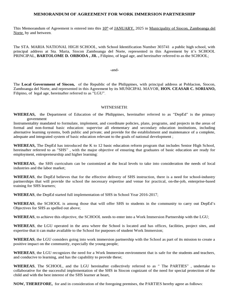 Memorandum of Agreement For Work Immersion Partnership | PDF | Employment | Legal Liability