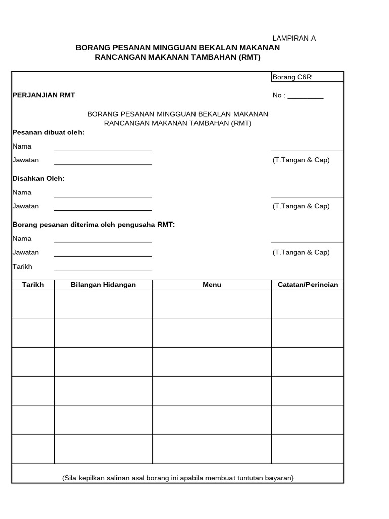 borang pesanan mingguan rmt | PDF