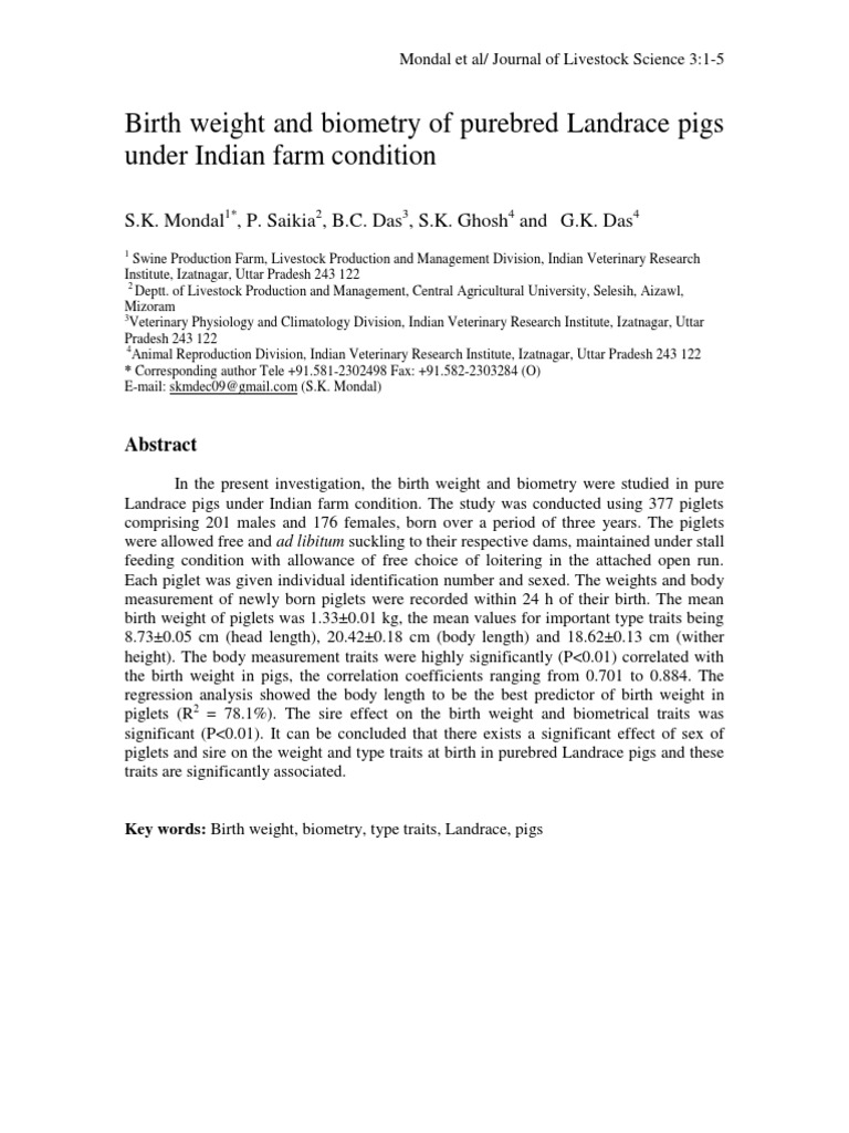 Birth Weight and Biometry of Purebred Landrace Pigs Under Indian Farm ...