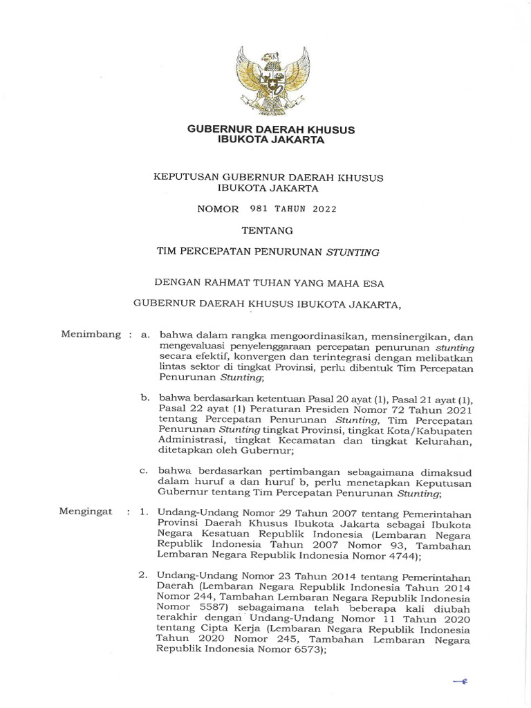 SK Gub Dki Jakarta Nomor 981 Tahun 2022 Tentang Percepatan Penurunan Stunting | PDF