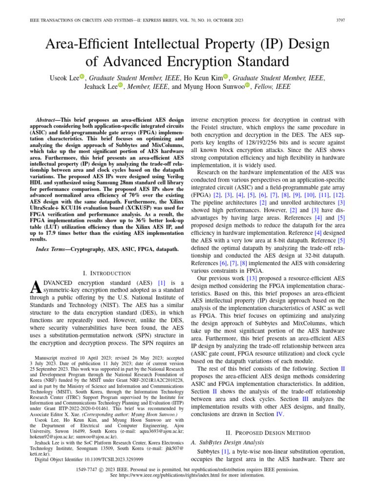 Area-Efficient Intellectual Property IP Design of Advanced Encryption Standard | PDF | Field ...