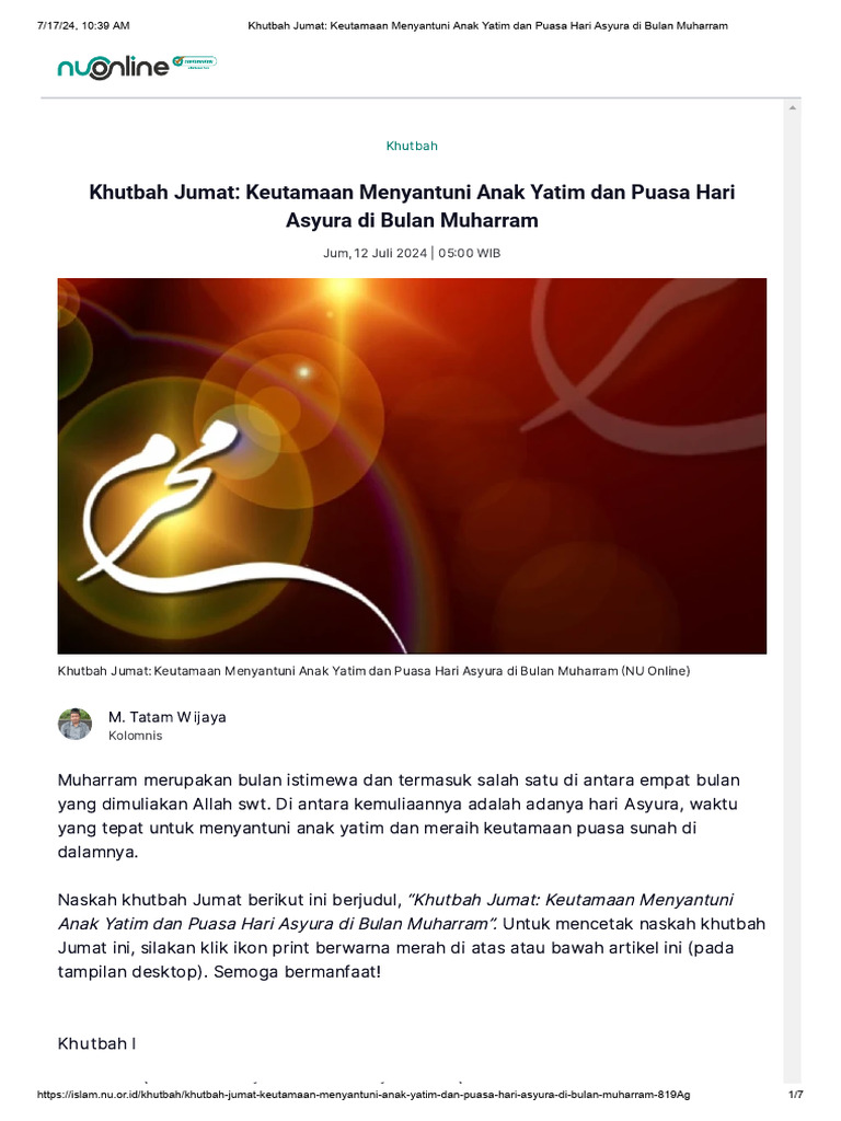 Khutbah Jumat - Keutamaan Menyantuni Anak Yatim Dan Puasa Hari Asyura Di Bulan Muharram | PDF