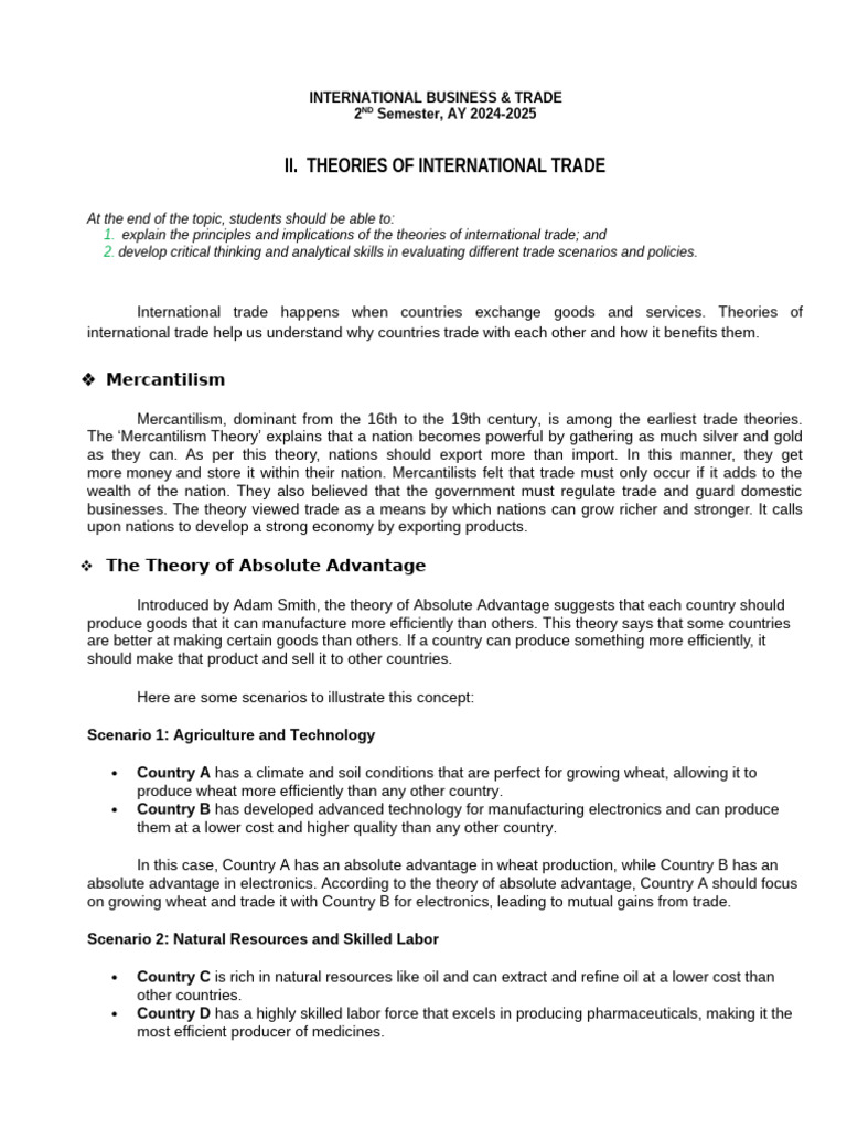 Ii Theories of International Trade | PDF | Mercantilism | Business