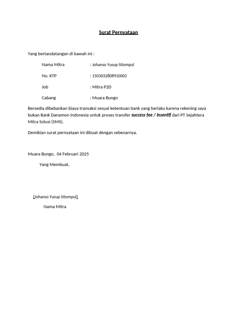 Surat Pernyataan Non Danamon | PDF