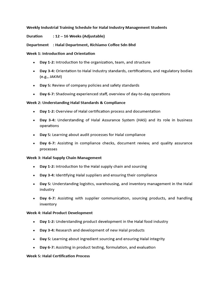 Weekly Industrial Training Schedule for Halal Management | PDF | Food ...
