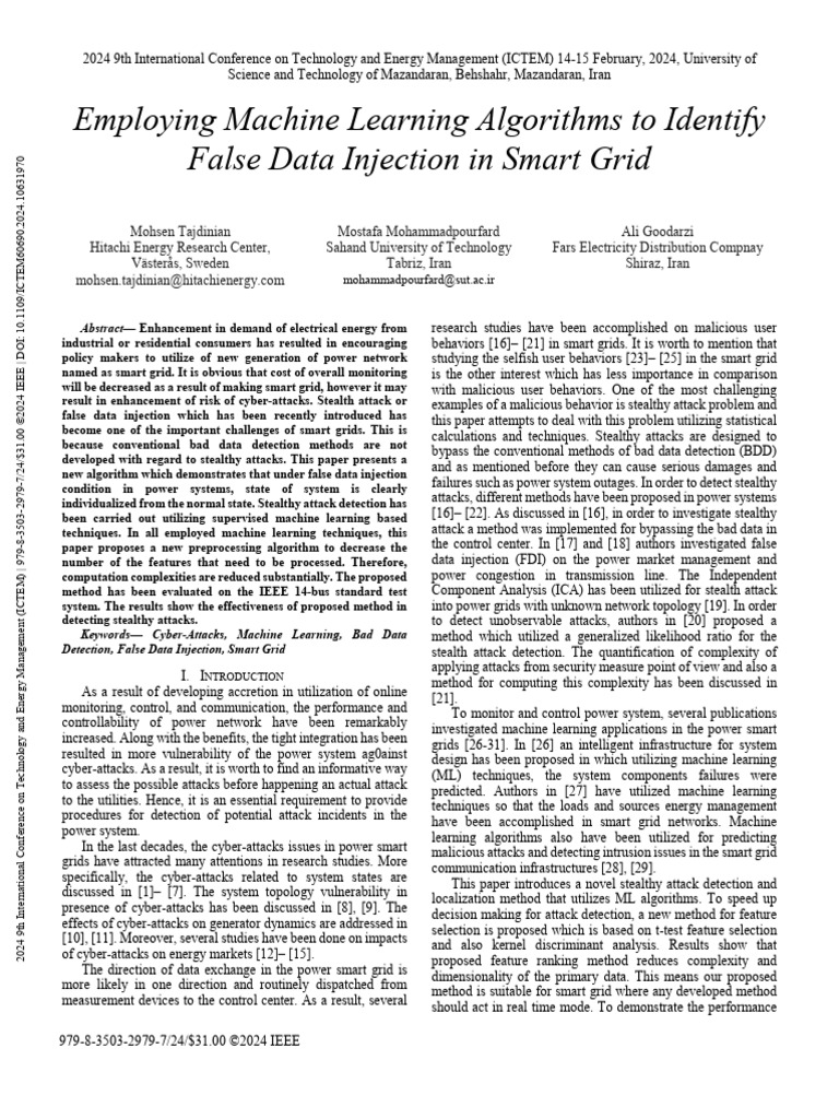 07 Employing Machine Learning Algorithms To Identify False Data Injection in Smart Grid | PDF ...
