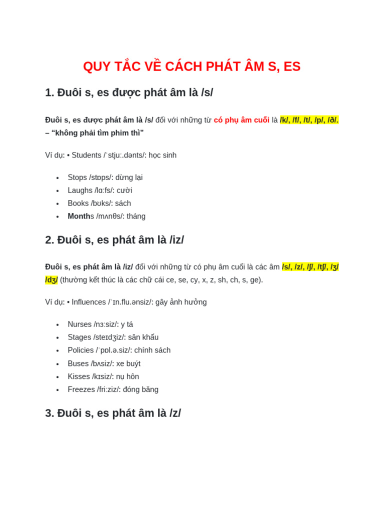 QUY TẮC VỀ CÁCH PHÁT ÂM S, ED | PDF