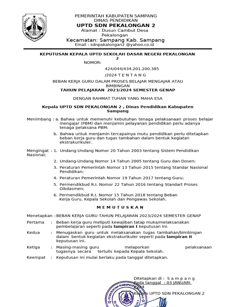 SK Beban Mengajar 2023-2024 Smtr 2 Pakalongan 2 | PDF