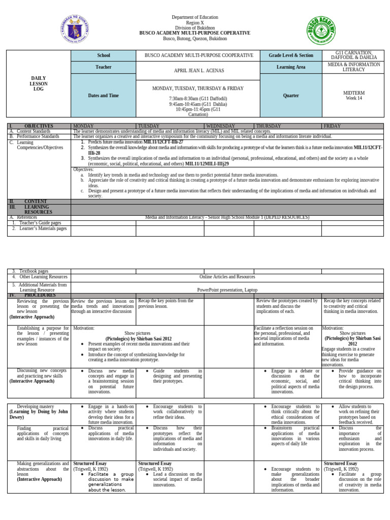 MIL WEEK 14 DLL - 093933.docx 1 | PDF | Learning | Creativity