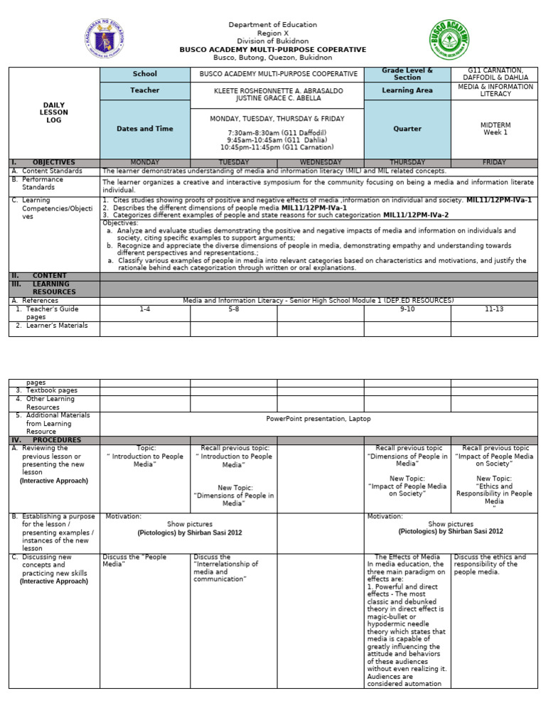 MIL WEEK Q4 Week1 DLL - 093933 | PDF | Learning | Teachers