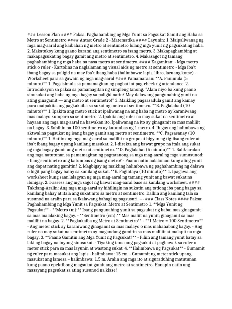 Lesson Plan For Mathematics Grade 2 Title Comparing Units in ...