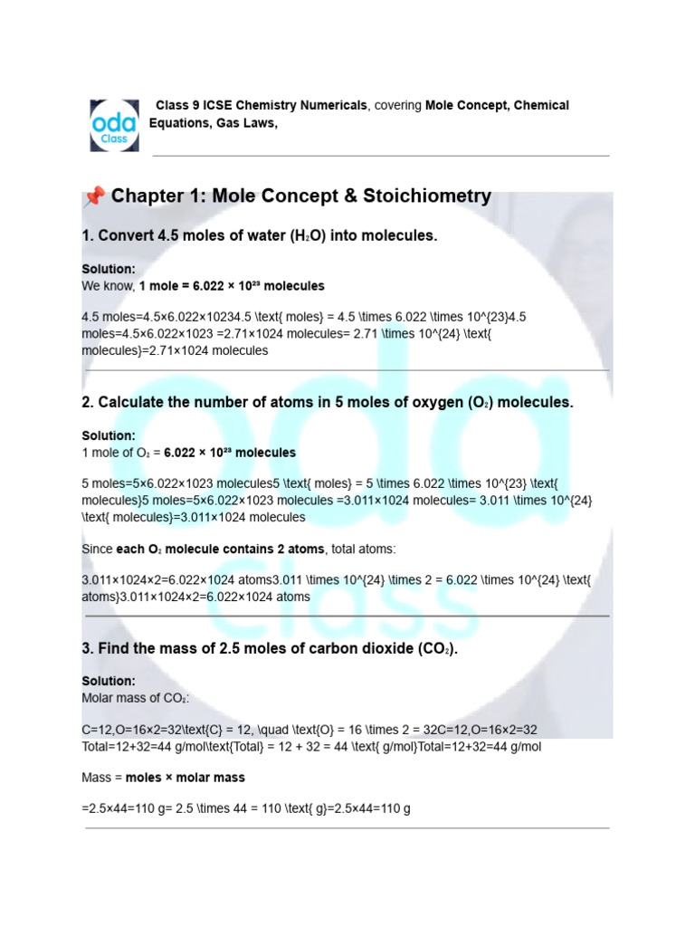 Class 9 Chemistry Numericals Guide | PDF | Mole (Unit) | Gases