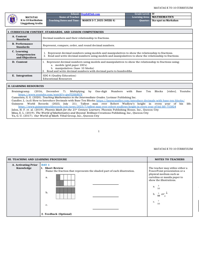 DLL Matatag - Math 4 Q4 W4 | PDF | Decimal | Learning